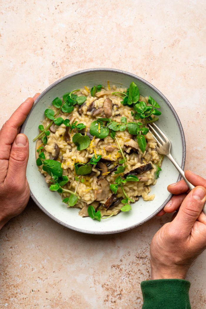 Creamy Vegan Mushroom & Watercress Risotto - Simple Vegan Risotto